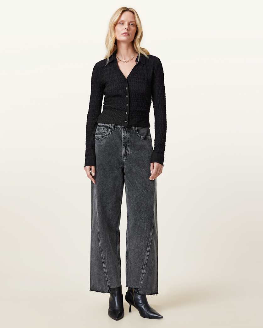 Connie Slim Fit Open Neck Shirt Black | ALLSAINTS